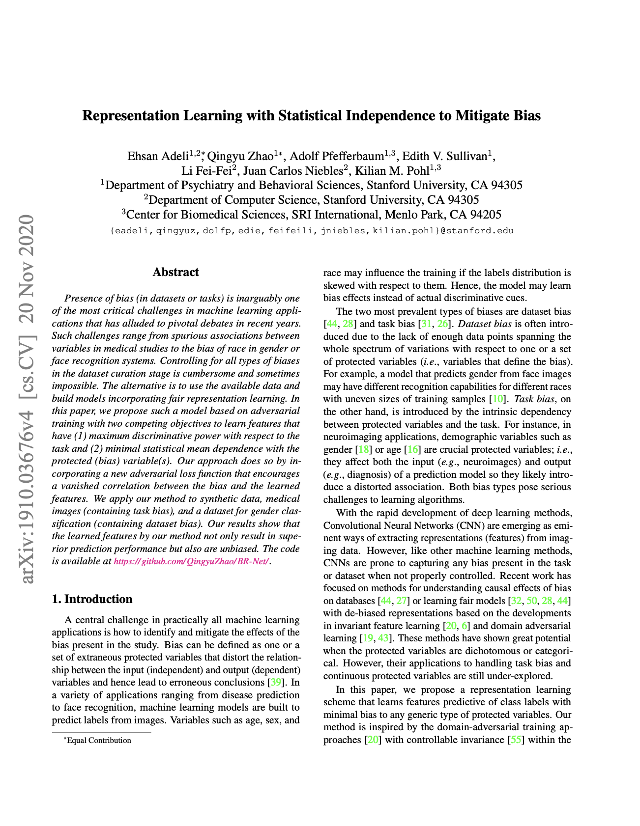 Representation Learning with Statistical Independence to Mitigate Bias ...